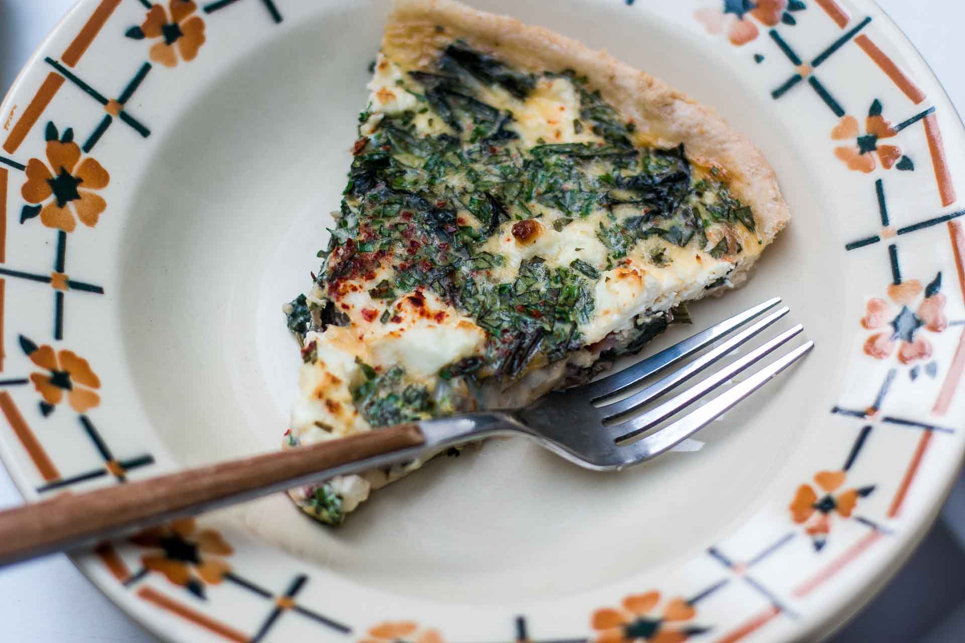 Quiche with Greens, Bacon and Feta