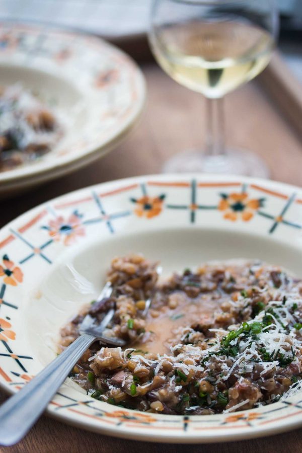 Farro Risotto (Farritto) with Radicchio, Mushrooms, and Bacon