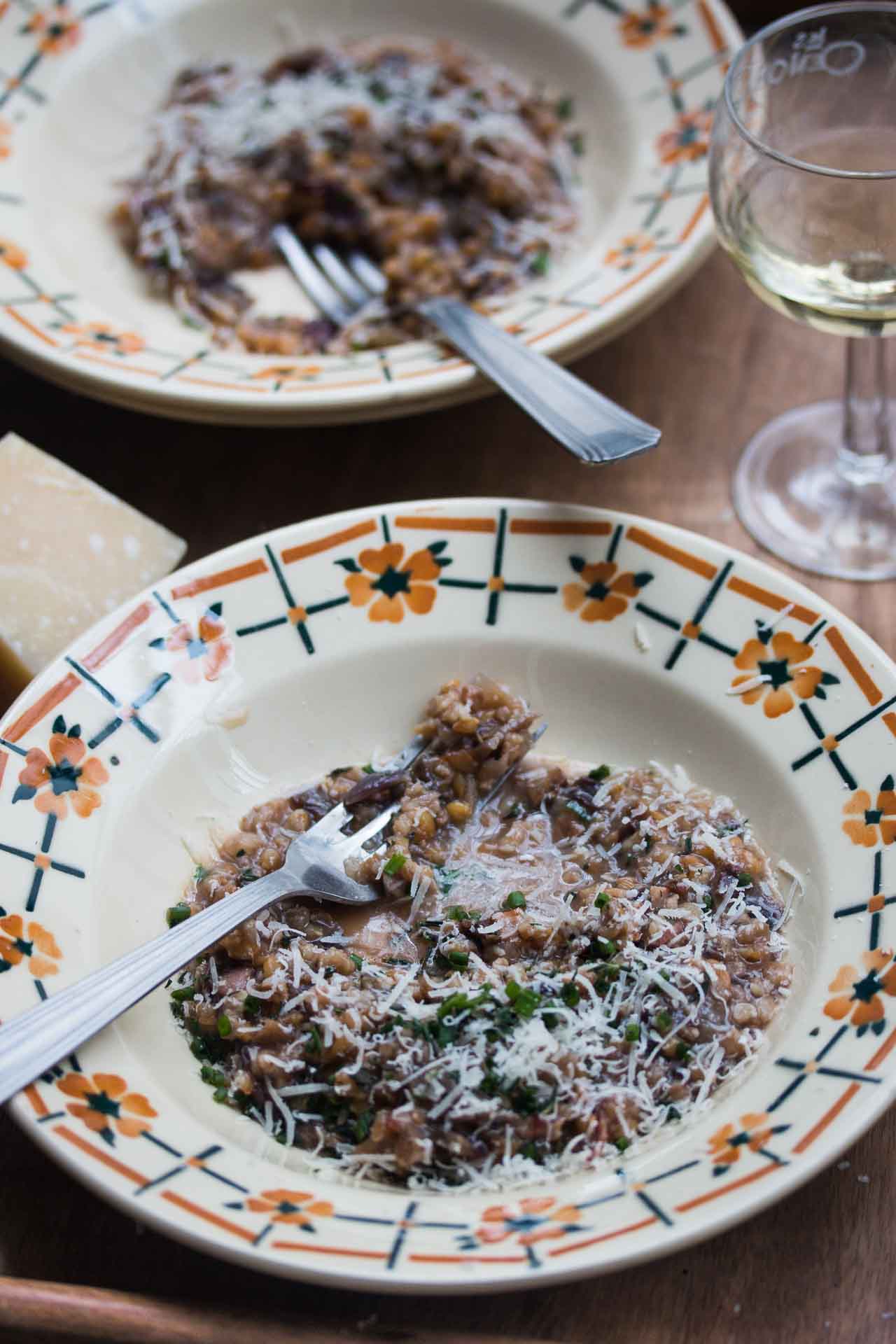 Farro Risotto (Farritto) with Radicchio, Mushrooms, and Bacon